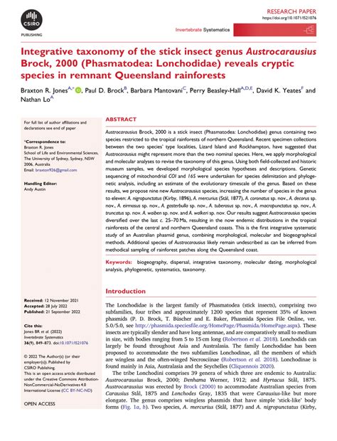 Pdf Integrative Taxonomy Of The Stick Insect Genus Austrocarausius