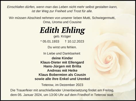 Traueranzeigen Von Edith Ehling Trauer Nordkurier