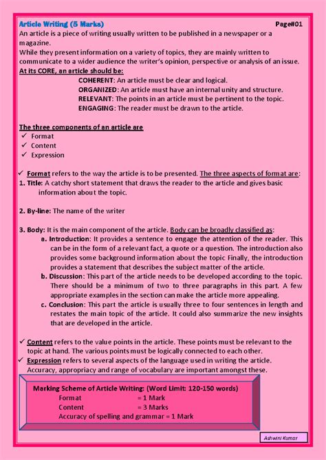 Article Writing Grammar Article Writing 5 Marks Page An Article