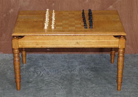 Vintage Honey Oak Chess Board Coffee Table With Chess Set For Sale At