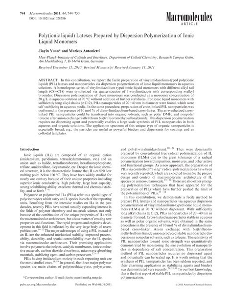 Pdf Polyionic Liquid Latexes Prepared By Dispersion Polymerization