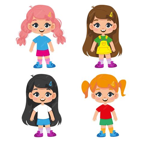 Conjunto De Personajes De Niñas Pequeñas De Dibujos Animados Lindo