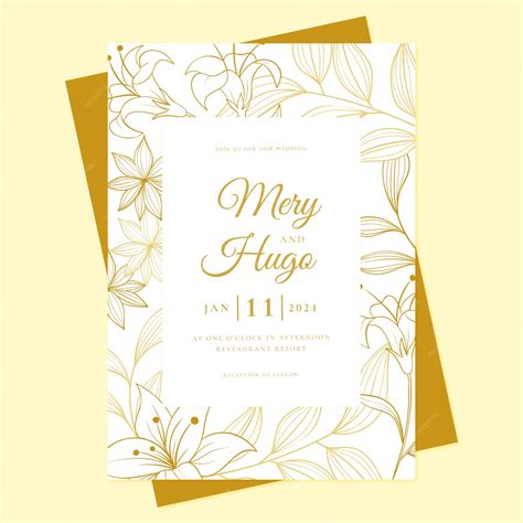 Invitación De Boda Dorada Con Flores Vector Premium