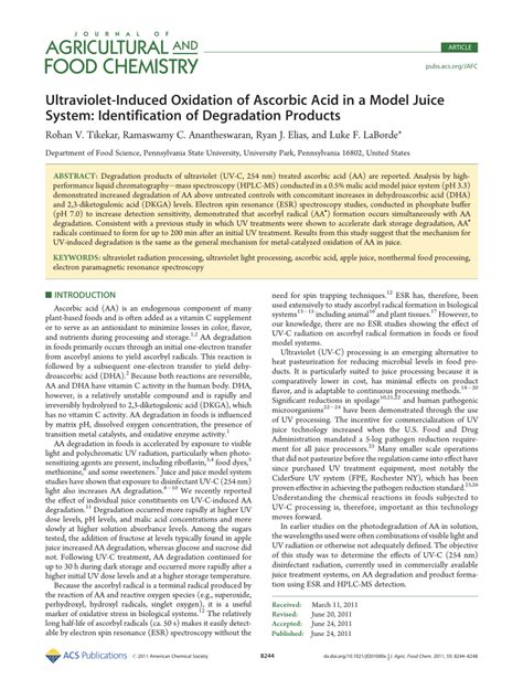 Pdf Ultraviolet Induced Oxidation Of Ascorbic Acid In A Model Juice