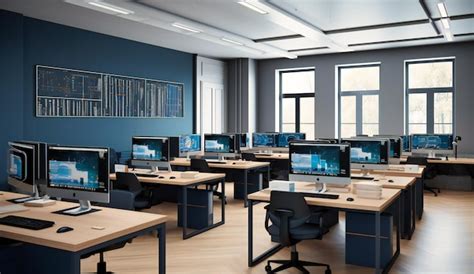 Premium Photo A Classroom With Numerous Computers And Desks