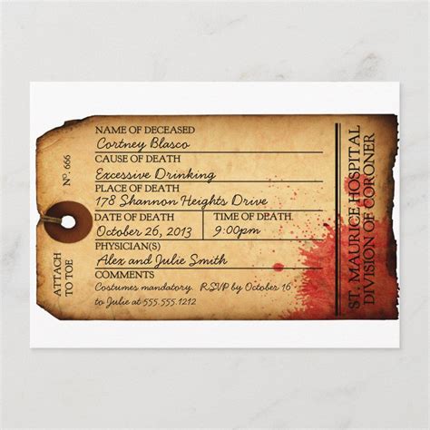 Antique Toe Tag Invitation Morgue Halloween Zazzle Trucs D