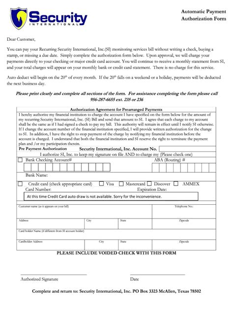 Fillable Online Sialarm Automatic Payment Authorization Form Security International Fax Email