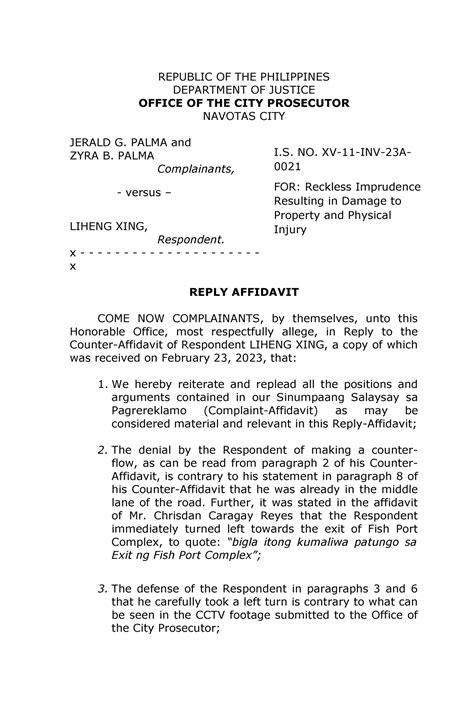 Reply Affidavit Palma Republic Of The Philippines Department Of Justice Office Of The City