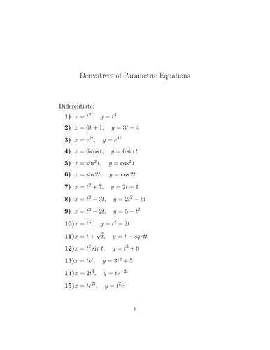 Derivatives Of Parametric Equations Worksheet With Solutions