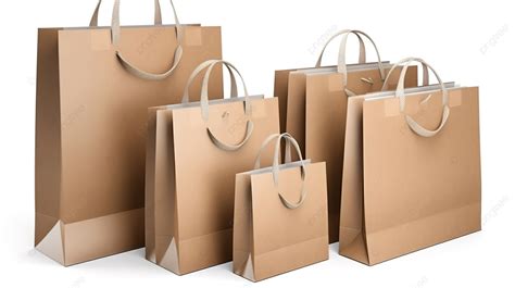 여섯 개의 갈색 종이 쇼핑백 흰색 격리된 배경에 크기가 다른 재활용 종이로 만든 3d 그림 갈색 에코 쇼핑백 공예 패키지 고화질 사진 사진 배경 일러스트 및 사진 무료