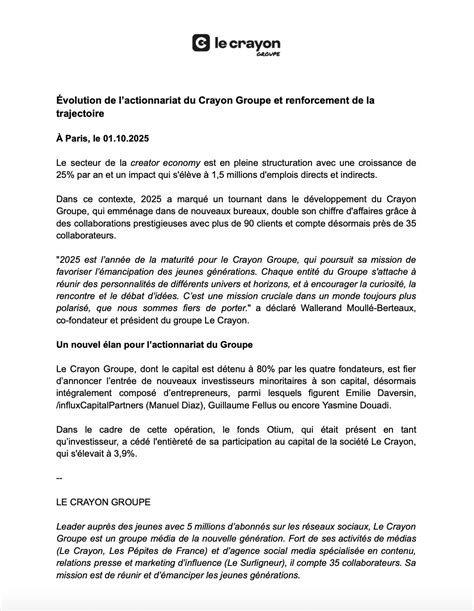 Evolution De Lactionnariat Du Crayon Groupe Et Renforcement De La Trajectoire Les 4 Fondateurs