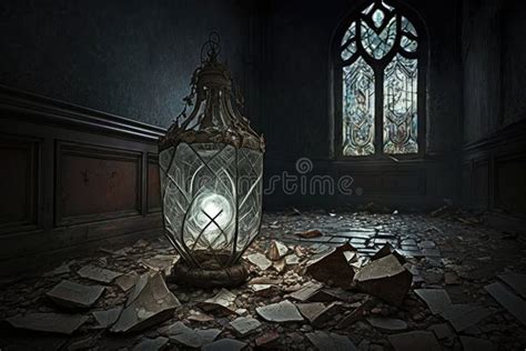 Empty Room With Broken Lantern And Shattered Glass On The Floor In