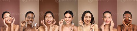 Seven Multiethnic Women Shown Applying Various Skincare Products To