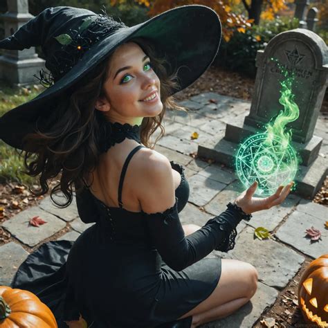 Witch Girl Casting Spell In Graveyard Diffus