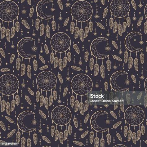 손으로 그린 드림캐쳐 깃털 별의 이음새가 없는 패턴 보헤미안 부적 보호 민족 스타일 마법의 부족 상징 배경 화면 포장지 직물을위한 벡터 스케치 일러스트 레이 션 개체 그룹에