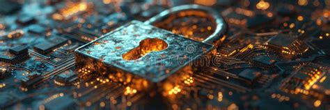 Banner Of Circuit Board With Padlock Data Security Encryption Stock