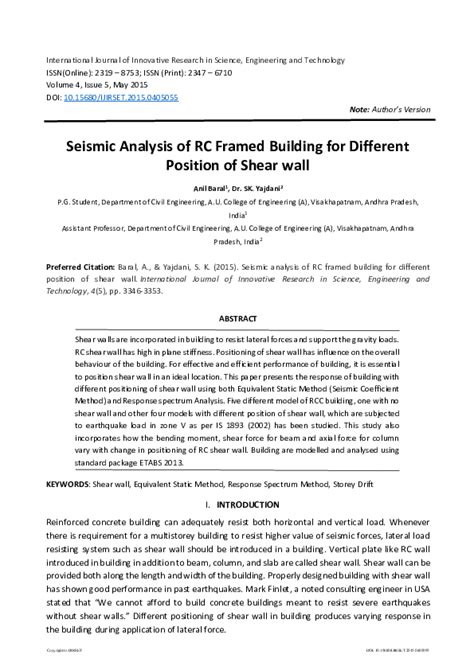 Pdf Seismic Analysis Of Rc Framed Building For Different Position Of Shear Wall