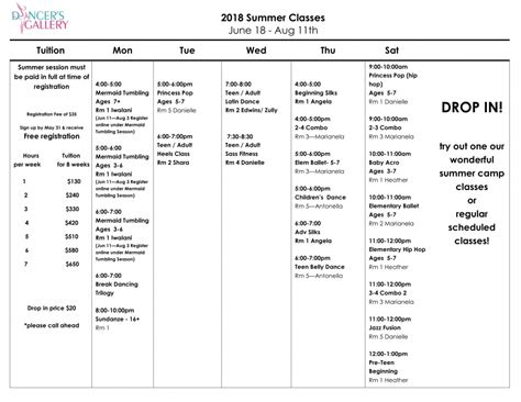 2018 Summer Class Schedule 1 Dancers Gallery