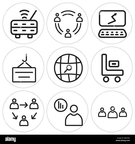 Set Of 9 Simple Editable Icons Such As Team Presentation Network Shipping Search Container