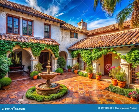 Stunning Spanish Colonial Courtyard Architecture Red Tile Roof Exterior