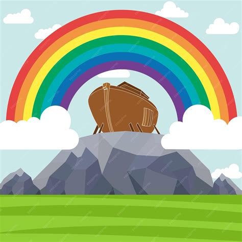 Arca De Noé Arco Iris Sobre El Arca Señal De Dios El Diluvio Vector