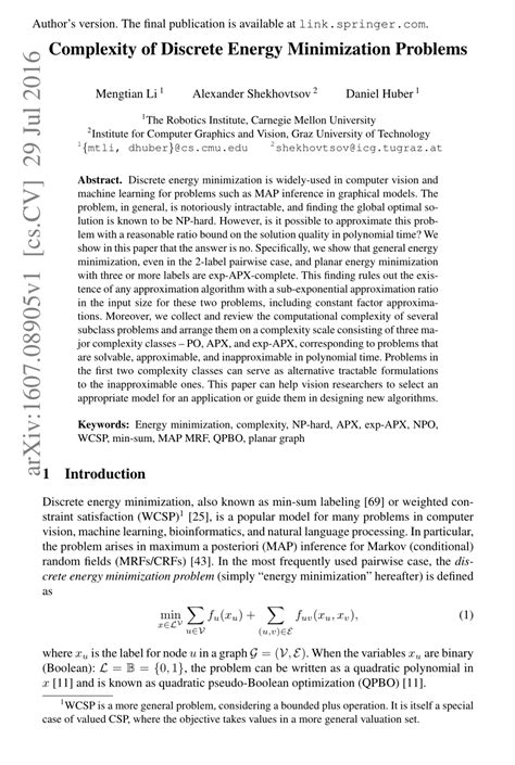 Pdf Complexity Of Discrete Energy Minimization Problems