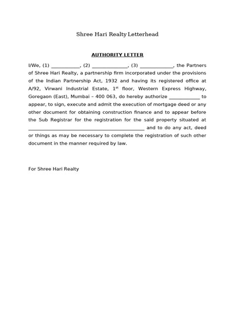 Authority Letter Constuction Finance Pdf