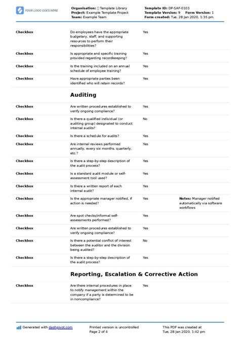 Production Readiness Checklist Template Prntbl