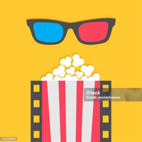 팝콘 필름 스트립 라인 팝 옥수수 빨간색 흰색 상자 3d 안경 시네마 영화 밤 아이콘 포스터 템플릿입니다 플랫 디자인 스타일