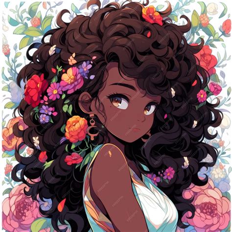 Una Niña De Dibujos Animados Con Cabello Largo Y Negro Y Flores En El