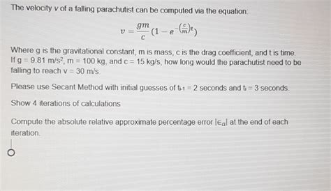 Solved The Velocity V Of A Falling Parachutist Can Be