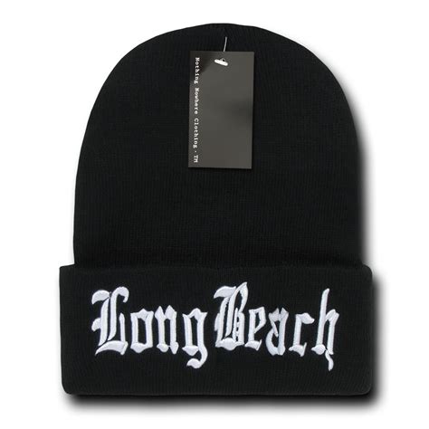 Black And White Long Beach Lbc Embroidery 12 Long Cuffed Vintage Beanie