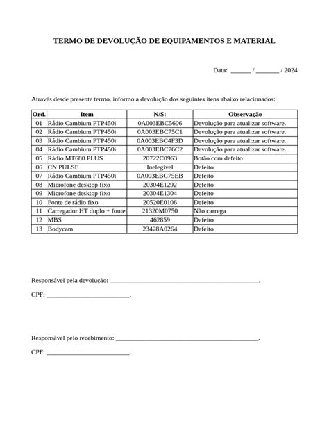 Termo De Devolução Padrão Pdf