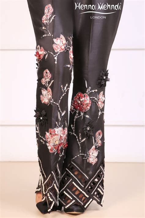 Black Embroidered And 3d Embellished Trousers Embellished Trousers