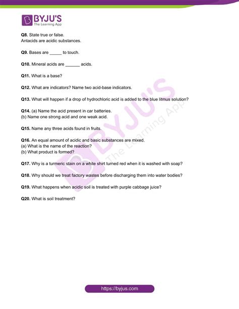 Class 7 Chemistry Worksheet On Chapter 5 Acids Bases And Salts Set 2