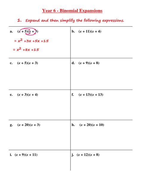 Year 6 Binomial Expansions 2021 With The Answers Type 1 Pdf