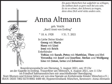 Traueranzeigen Von Anna Altmann Trauer Merkur De