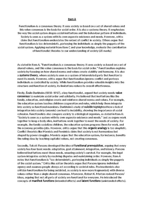 Functionalism Essay Item A Functionalism Is A Consensus Theory It Sees Society As Based On A