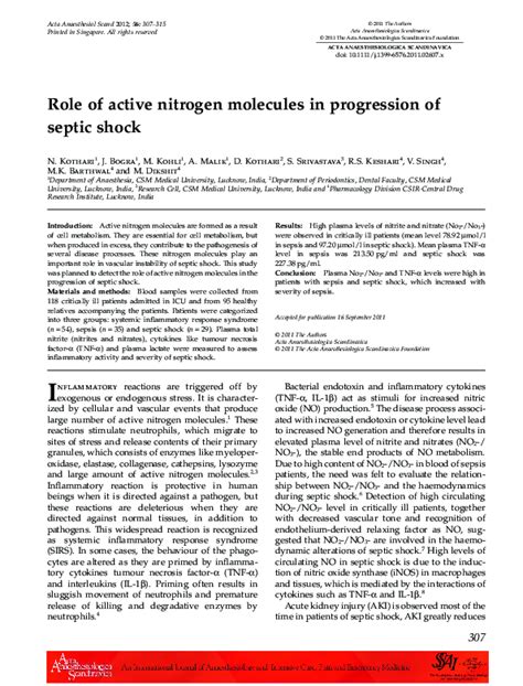 Pdf Role Of Active Nitrogen Molecules In Progression Of Septic Shock