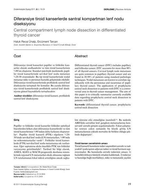 Pdf Diferansiye Tiroid Kanserlerde Santral Kompartman Lenf Nodu Diseksiyonu Central