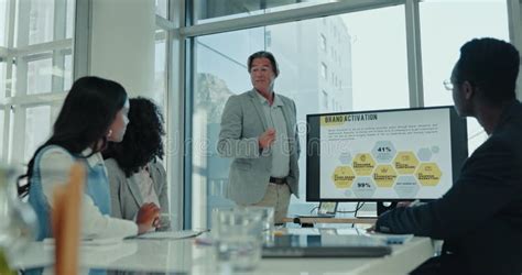 Coaching Man Or Infographic Tablet Data Analysis In Business Meeting