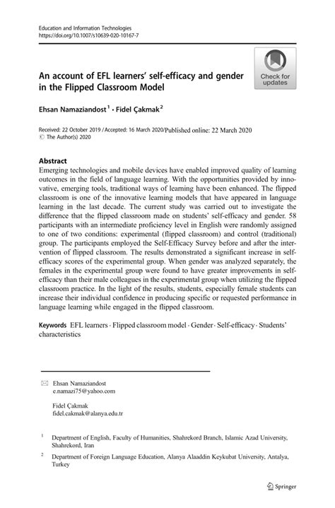 Pdf An Account Of Efl Learners Self Efficacy And Gender In The