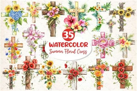Watercolor Summer Floral Cross Clipart Graphic By Dream Creation