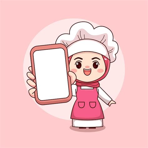 Koki Atau Pembuat Roti Wanita Hijab Lucu Dan Kawaii Memegang Desain