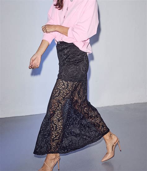 Haute Lamitie Lace Skirt In Black Black White Denim