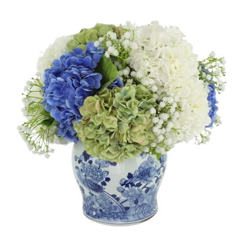 Mid Size Blue And Green Hydrangea Ginger Jar Arrangement
