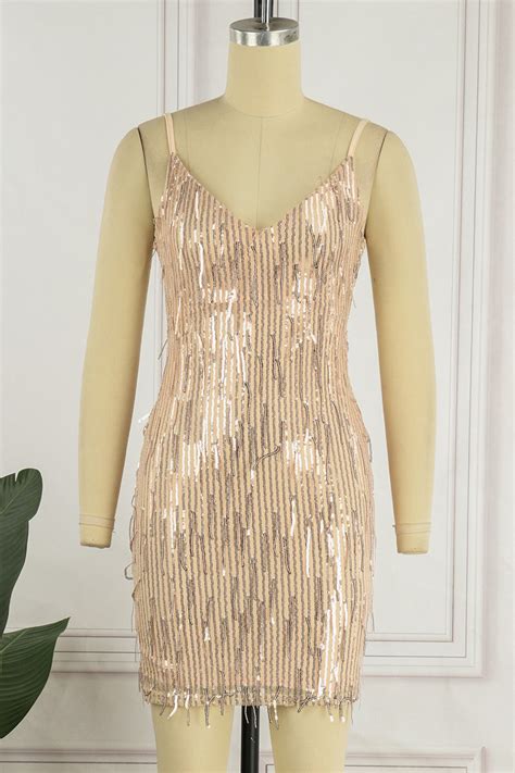 Wholesale Apricot Sexy Solid Tassel Sequins Patchwork Spaghetti Strap