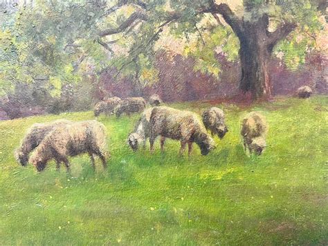 Antique English Antique Victorian English Oil Sheep In Meadow