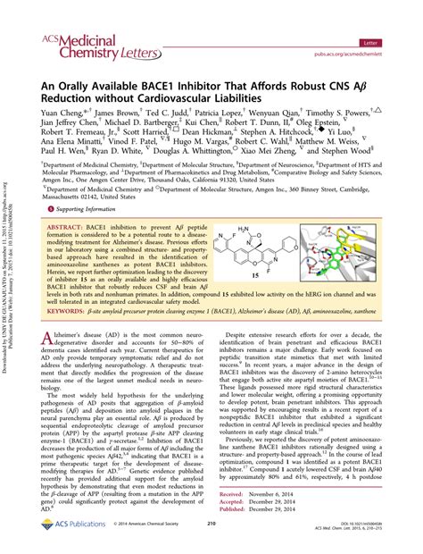 Pdf An Orally Available Bace1 Inhibitor That Affords Robust Cns A