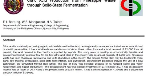 Chemical Engineering Insider Citric Acid Production From Pineapple